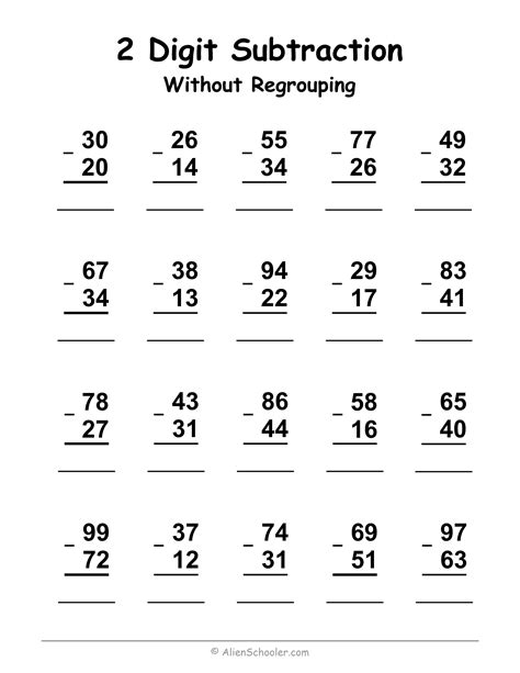 Two Digit Subtraction Without Regrouping Worksheet 9 Alien Schooler