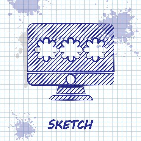 Sketch Line Monitor With Password Notification Icon Isolated On White