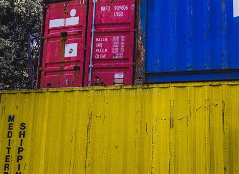 Multi Colored Boxcars Or Semi Truck Trailers Cargo Holding Containers Stacked Editorial