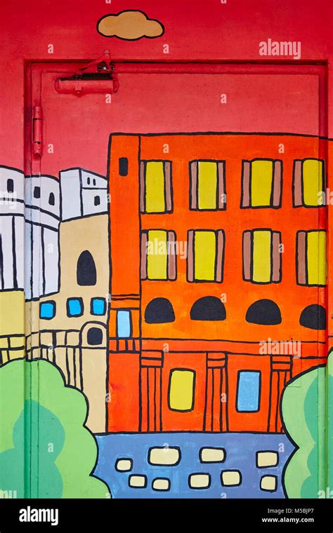 Industrial Exit Door Decorated With An Urban Colorful Landscape Vertical Stock Photo Alamy