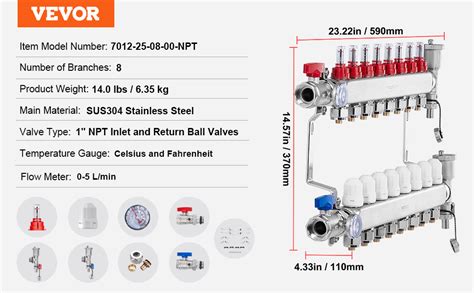 Vevor 8 Branch Radiant Heat Manifold 12 Pex Tubing Floor Heating