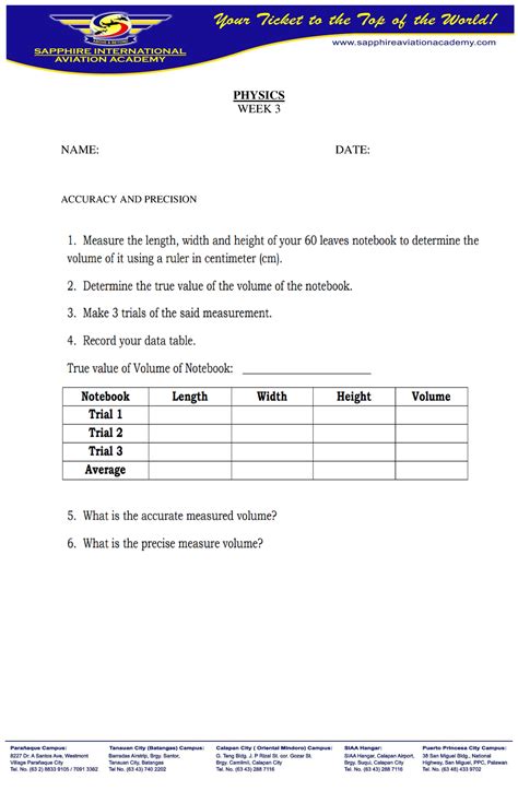WEEK 2 Accuracy AND Precision Education PHYSICS WEEK 3 NAME DATE ACCURACY AND PRECISION