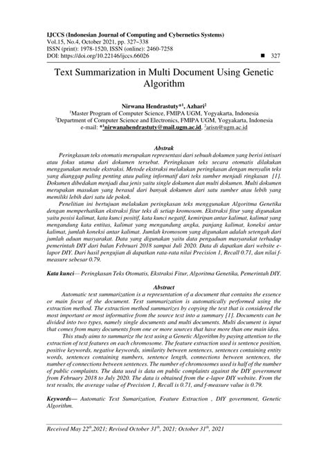 Pdf Text Summarization In Multi Document Using Genetic Algorithm