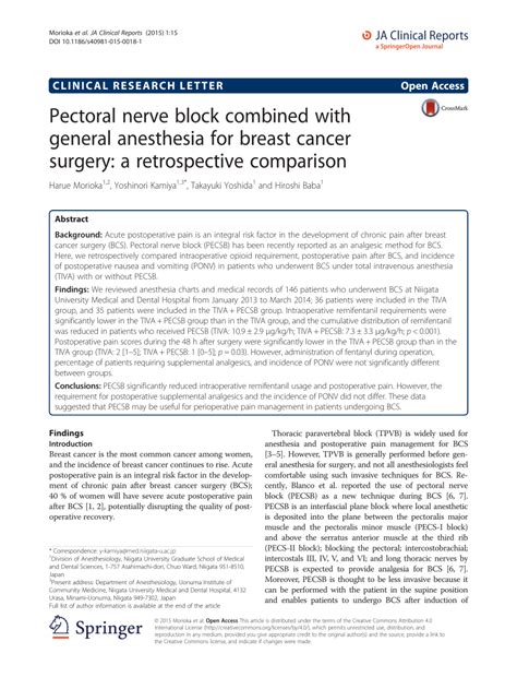 Pdf Pectoral Nerve Block Combined With General Anesthesia For Breast Cancer Surgery A