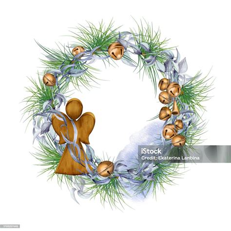 소나무 가지와 천사 종 디지털 일러스트 레이 션의 프레임 전나무는 원형 프레임 형태로 가지를 뻗습니다 흰색 위에 고립된 크리스마스 장식품의 화환입니다 디자인 초대장카드용