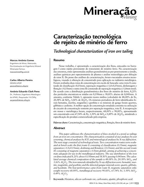 Pdf Technological Characterization Of Iron Ore Tailing
