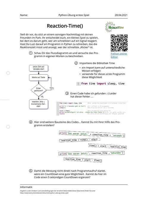 Arbeitsblatt Python Übung Erstes Spiel Informatik Tutoryde