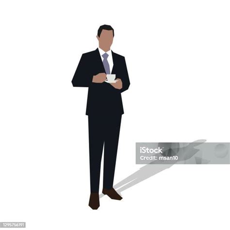 사업가는 손에 커피 한 잔을 들고 서 있다 벡터 일러스트레이션 플랫 디자인 남자에 대한 스톡 벡터 아트 및 기타 이미지 남자