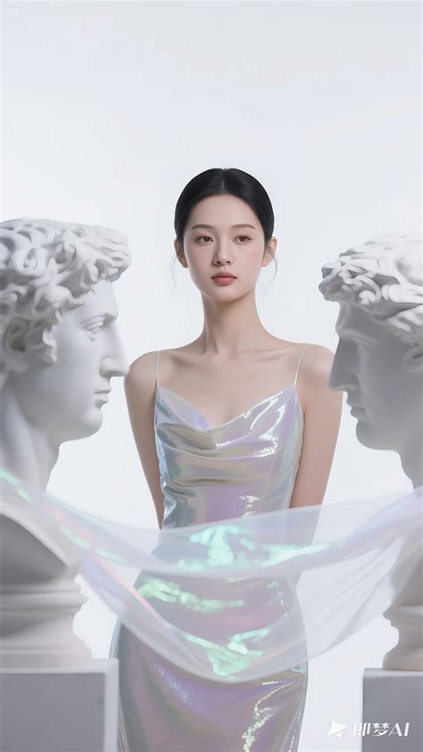 一个亚洲甜美可爱的模特在两个石膏人像中间，模特面部光泽，皮肤透亮，发光，人像面部特写，面部光，测光，纯色光，镭射光，高贵流光溢彩礼服，纯白色