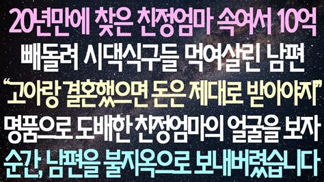 20년 만에 만난 친정엄마를 속여서 10억 원을 빼내고 시댁 가족들을 부양한 남편의 명품으로 가득찬 친정엄마의 얼굴을 보자 순간 남편을 지옥으로 보냈습니다 Youtube
