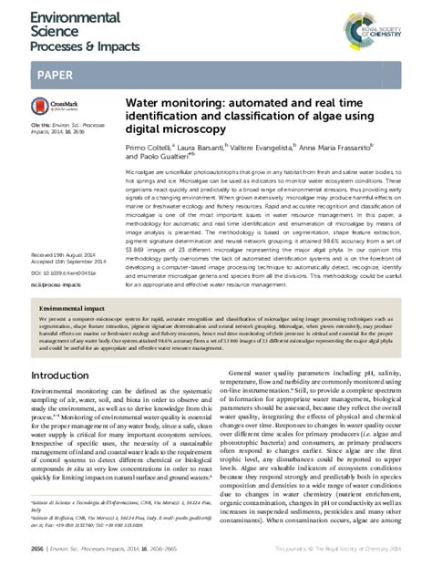 Pdf Water Monitoring Automated And Real Time Identification And Classification Of Algae Using