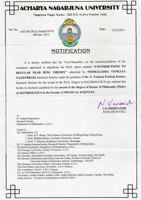 Pdf Ph D Awarded By Acharya Nagarjuna University 2015 Notification