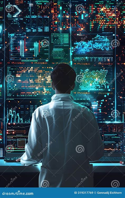 A Scientist In A Laboratory Analyzes Data On Multiple Screens While Concentrating On Graphs