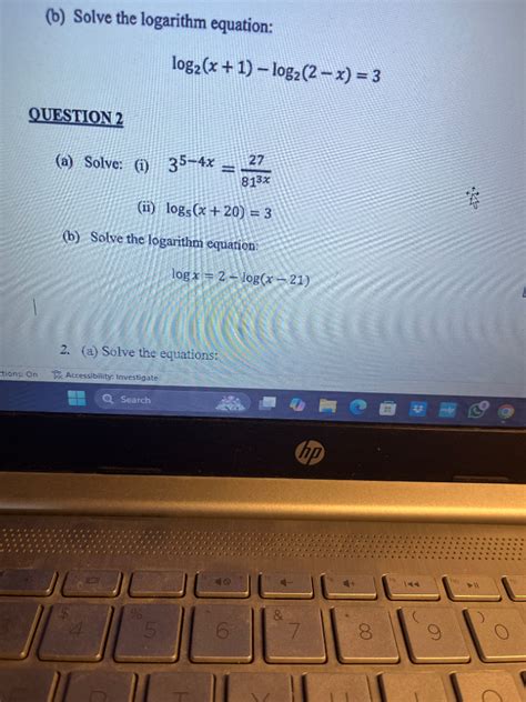 (b) Solve the logarithm equation: $_2(x+1) | StudyX