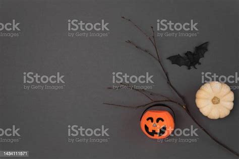 박쥐 거미 호박 및 나뭇 가지가있는 할로윈 검은 배경 현대 휴일 디자인 다크 그레이 색상의 할로윈 파티 테두리 플랫 레이 상단보기 복사 공간 추수 감사절 가을 장식 2022