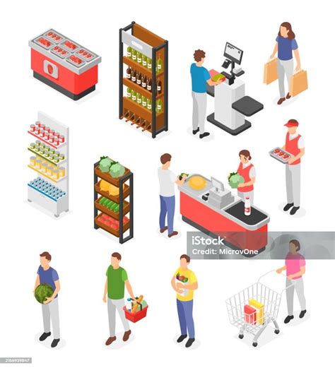 식료품 슈퍼마켓의 등각 투영 사람들 현금 셀프 서비스 사용자가 음식을 구입합니다 포장 마차와 스탠드의 다양한 제품 흠잡을 데
