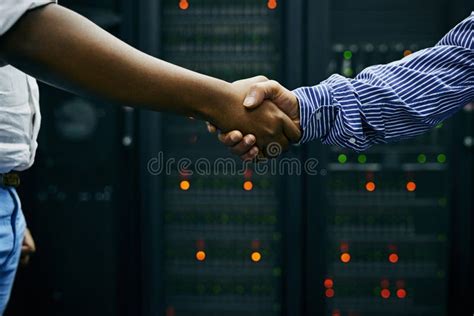 Handshake Partnership Or People In Server Room Of Data Center Worker
