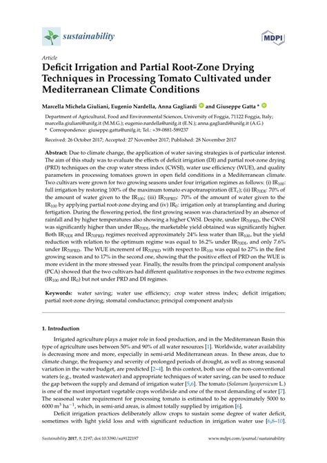 Pdf Deficit Irrigation And Partial Root Zone Drying Techniques In Processing Tomato Cultivated