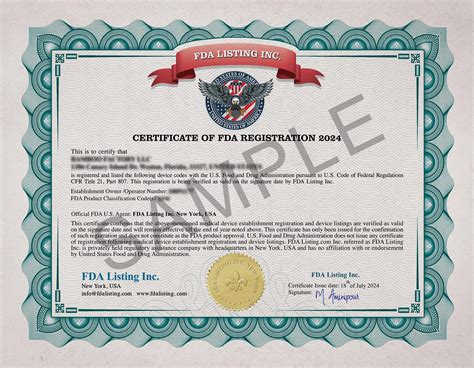 Fda Registration Certificate And Us Agent Fda Listing Inc