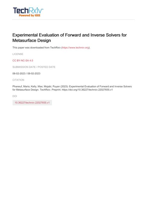 Pdf Experimental Evaluation Of Forward And Inverse Solvers For Metasurface Design