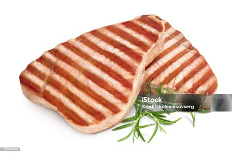 잘라내고 필드의 전체 깊이와 흰색 배경에 고립 된 구운 참치 생선 스테이크 건강한 식생활에 대한 스톡 사진 및 기타 이미지 건강한 식생활 고기 굽기 Istock