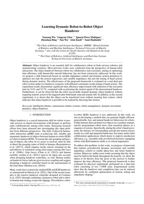 pdf learning dynamic robot to robot object handover