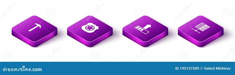 Set Isometric Hammer Police Badge Loading And Server Data Web Hosting Icon Vector Stock
