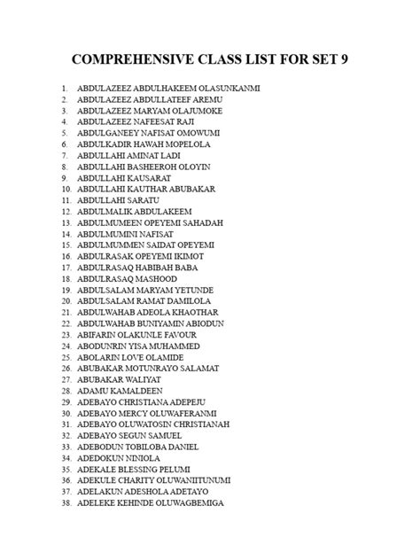 Comprehensive Class List For Set 9 1 Pdf