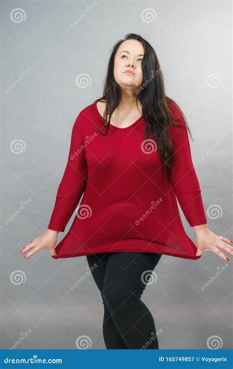 Woman Plus Size In Red Tunic Stock Image Image Of Hips Problem