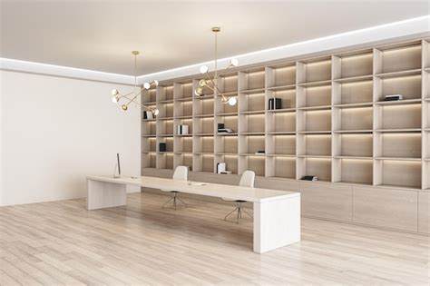 장비 3d 렌더링이 있는 책장과 데스크탑이 있는 현대적인 목조 사무실 인테리어 프리미엄 사진