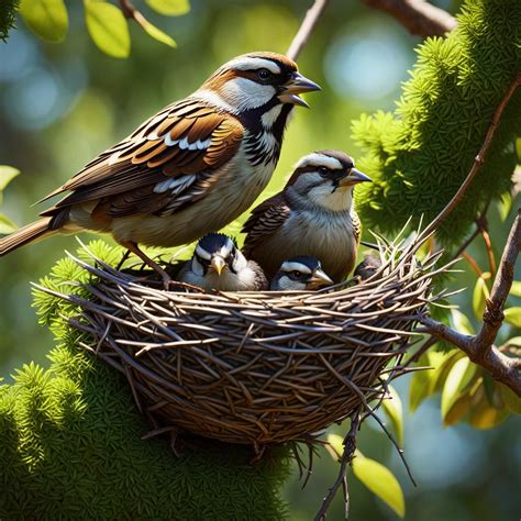 Traditional Sparrows Nest In A Tree On Summer Day Mother Sparrow