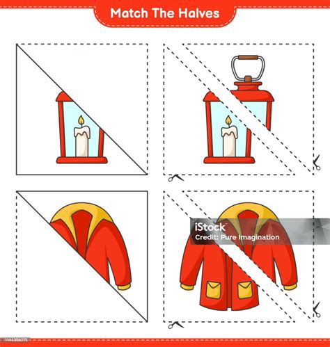 반쪽을 일치시킵니다 랜턴과 따뜻한 옷의 절반을 일치시킵니다 교육 어린이 게임 인쇄 워크시트 벡터 일러스트 레이 션 0명에 대한 스톡 벡터 아트 및 기타 이미지 Istock