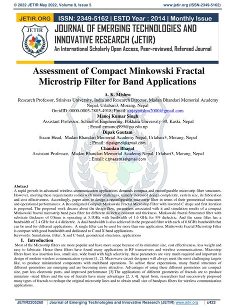 Pdf Assessment Of Compact Minkowski Fractal Microstrip Filter For Band Applications