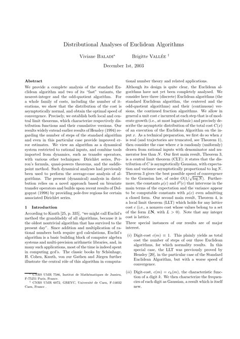 Pdf Distribuional Analyses Of Euclidean Algorithms