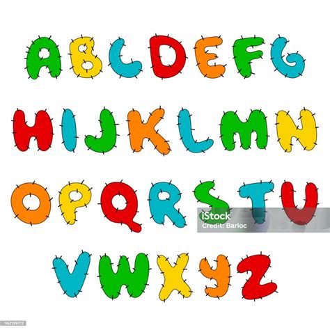 스티치 손 디스플레이 색된 글꼴 아이 스타일 작성 Abc입니다 패치 꿰 매 장식 재미 벡터 알파벳 그리고 숫자 구멍 내다에 대한 스톡 벡터 아트 및 기타 이미지 Istock