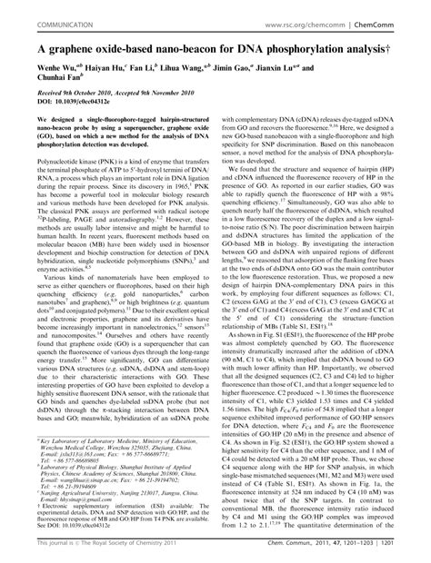 Pdf A Graphene Oxide Based Nano Beacon For Dna Phosphorylation Analysis
