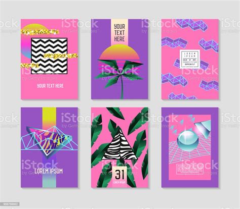 종 려 잎 및 기하학적 요소와 초록 열 대 포스터 템플릿 집합입니다 Hipster 8090 년대 스타일 책자 배너 전단지 패션