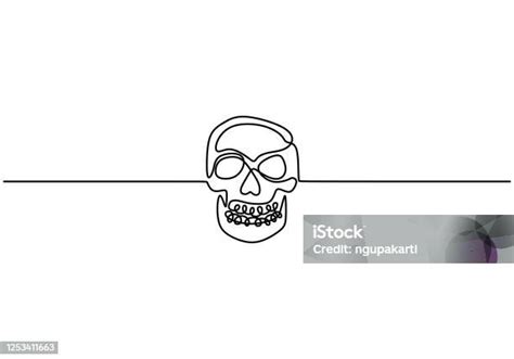 인간의 두개골과 연속 한 줄을 그리는 윤곽 하나의 그려진 라인 아트 낙서 죽은 공포 검은 죽음 머리 두개골 인간 얼굴 흰색
