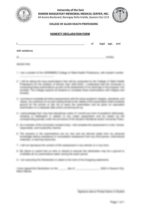Solution Cahp Declaration Of Honesty Form Sy 2022 2023 Studypool