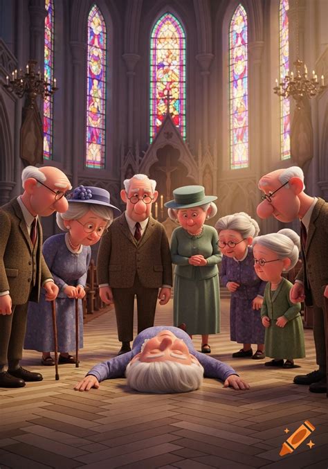A Pixar 3d Cartoon Shows An Old Lady Lying On A Church Floor