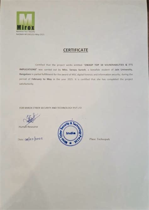 i successfully completed a three month internship at “mirox cybersecurity… sarayu suresh