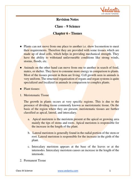 Tissues Class 9 Notes Cbse Science Chapter 6 Pdf Pdf Tissue Biology Organisms