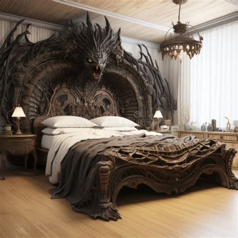 A Large Bed With A Dragon Head On Top Of It Stock Illustration