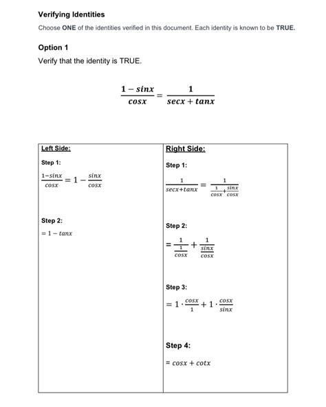 Solved Verifying Identities Choose One Of The Identities