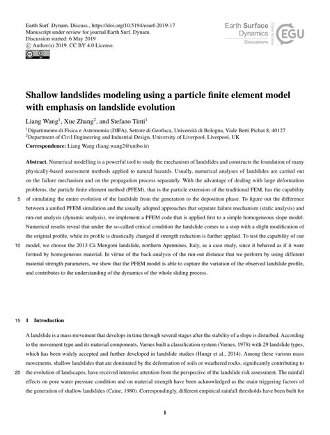 Pdf Shallow Landslides Modeling Using A Particle Finite Element Model With Emphasis On