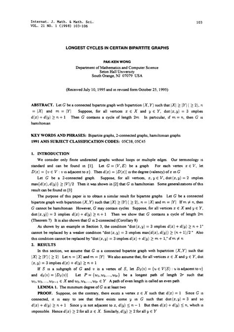 Pdf Longest Cycles In Certain Bipartite Graphs
