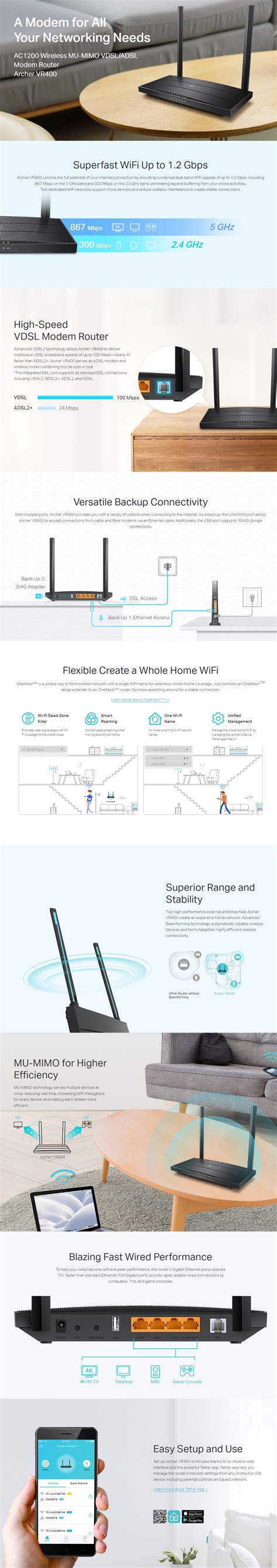TP Link Archer VR400 V3 AC1200 Wireless Dual Band VDSL ADSL NBN Modem Router USB PCLIVE Computer