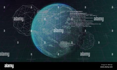 Rotating Blue Green Earth Globe At Green Grid Plane With Wireframe
