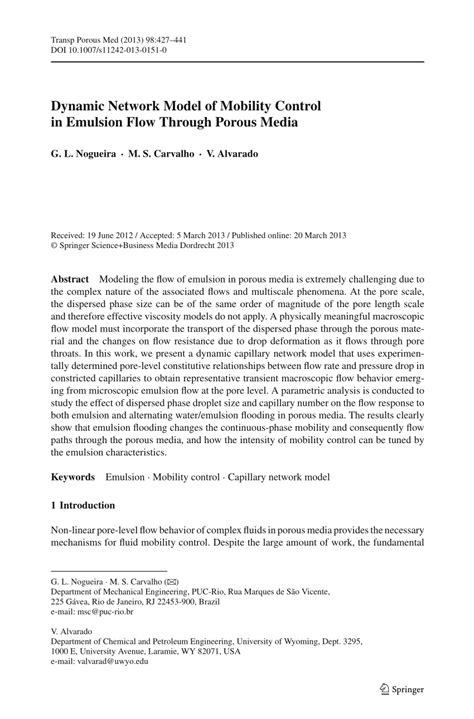 pdf dynamic network model of mobility control in emulsion flow