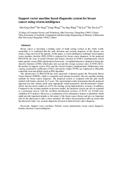 Pdf Support Vector Machine Based Diagnostic System For Breast Cancer Using Swarm Intelligence